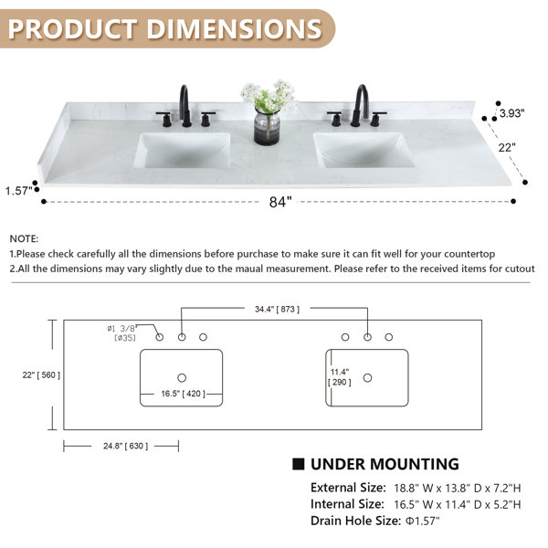 Altair Ceres 84" Engineered Stone Double Bathroom Vanity Top with Sink | Wayfair